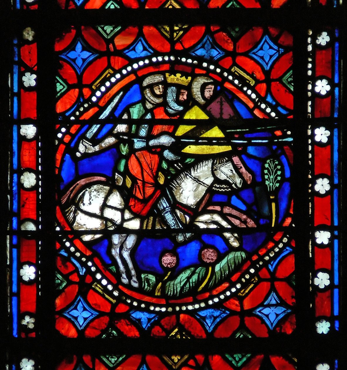 Window s1-R depicting a scene from St Bonnet's journey to Rome: King Aripert of Pavia fights the ...