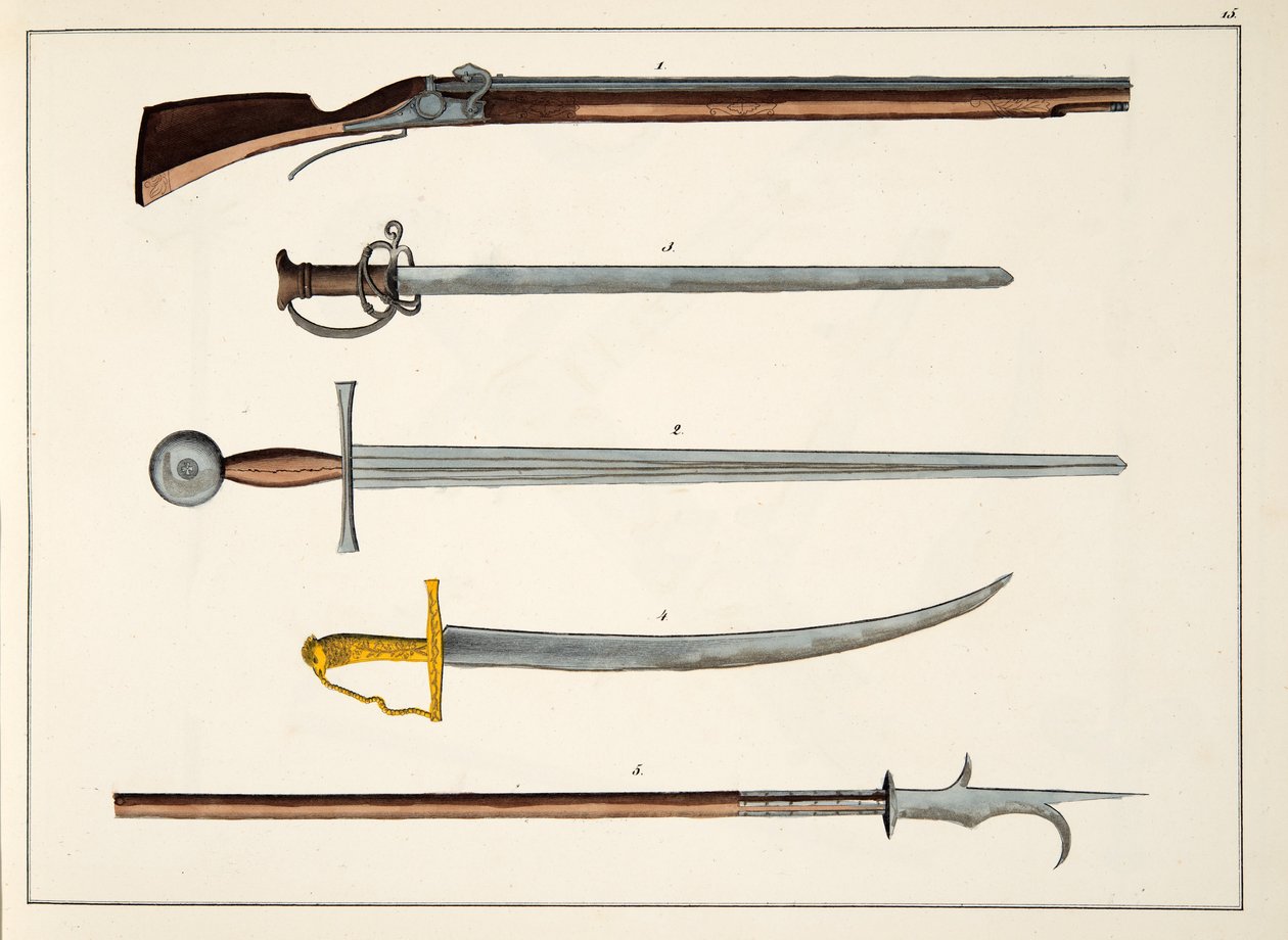 Weapons including swords and spears, c.1400, plate from A History of ...