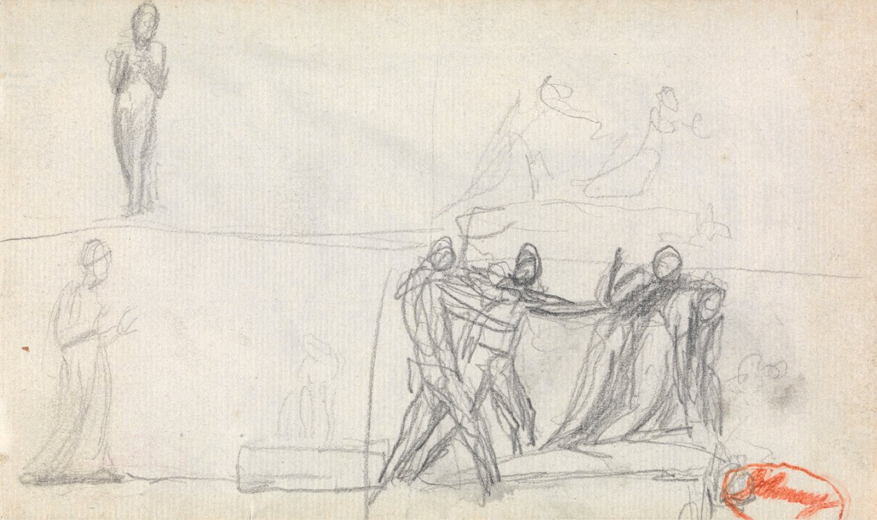 Group Scene and Two Sketches of a Standing Figure
