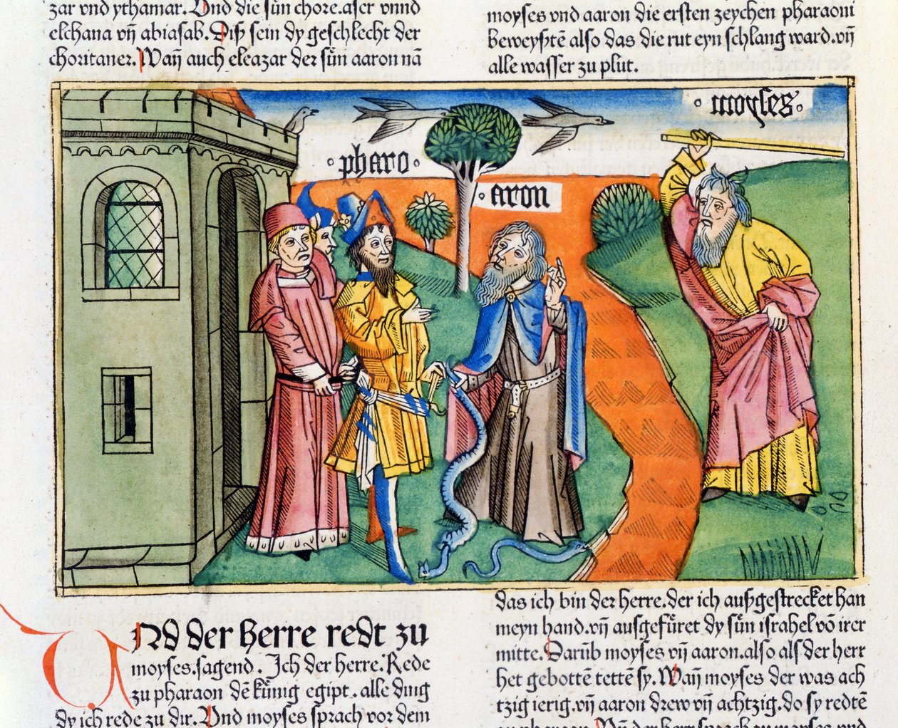 Exodus 7:8-25 Aaron's rod in the form of a serpent swallows up the ...