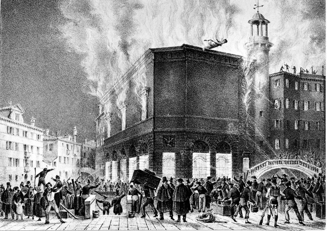 The fire of the theatre of La Fenice in Venice, in 1836. Engraving by ...