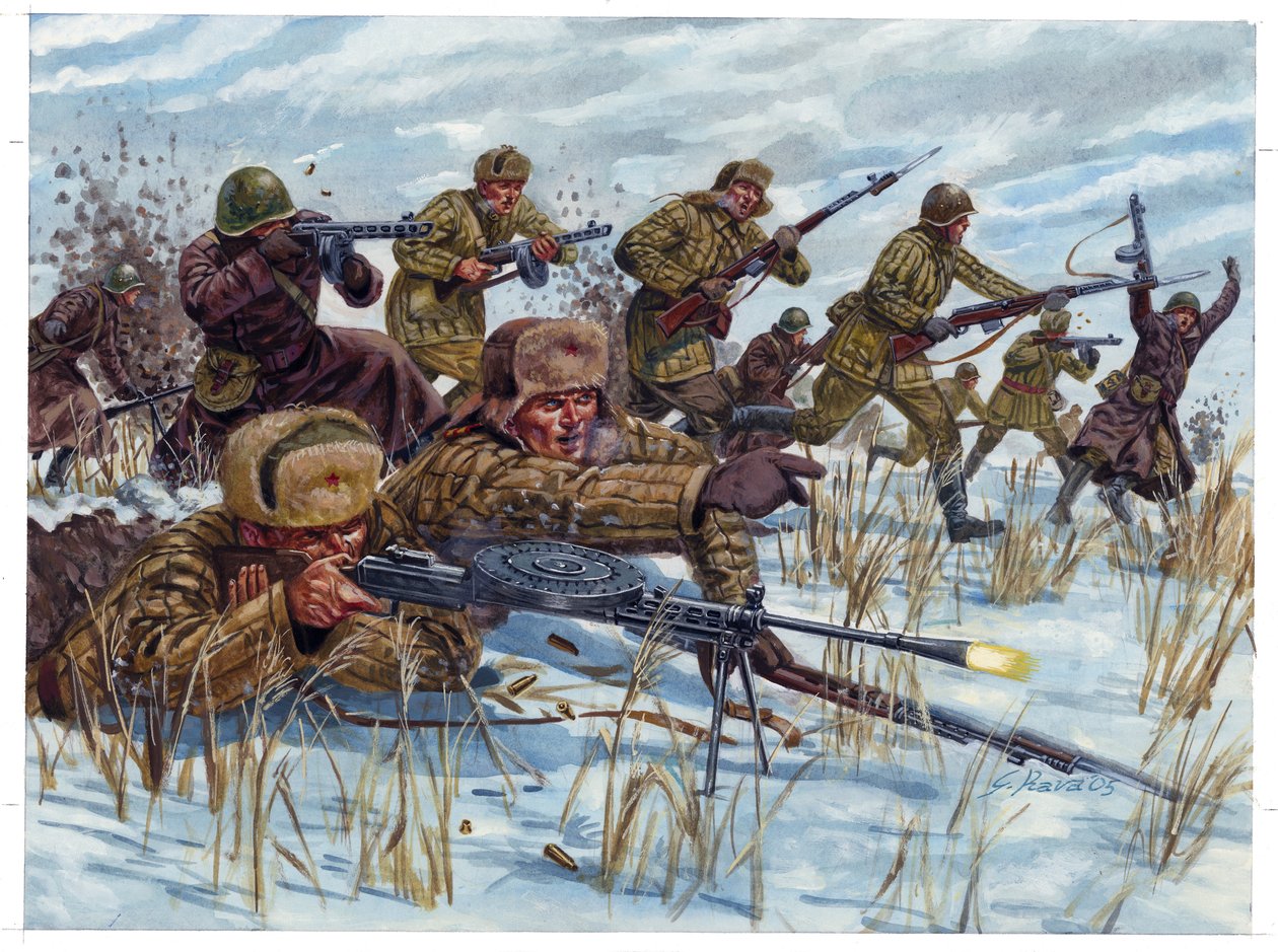World War II: Russian infantry soldiers advancing on the battlefield ...