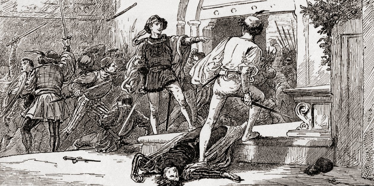 Tybalt killed by Romeo, scene from William Shakespeare's Romeo and ...