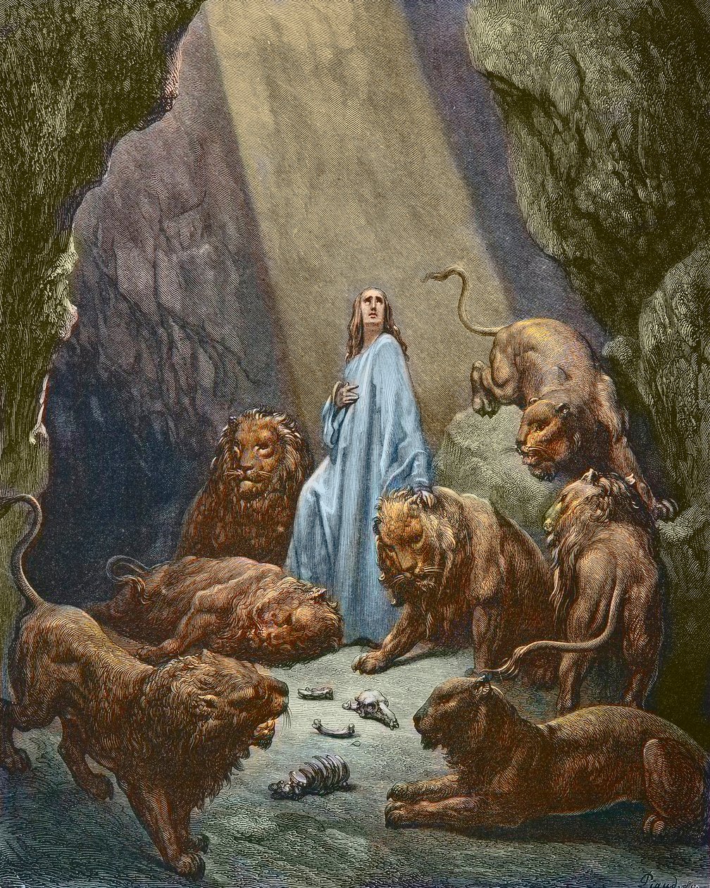 Daniel in the Den of Lions (engraving by Gustave Dore - later colouring)