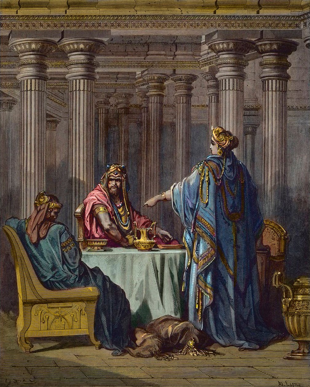 Esther accusing Haman (biblical scenes, wood engraving by Gustave Dore ...