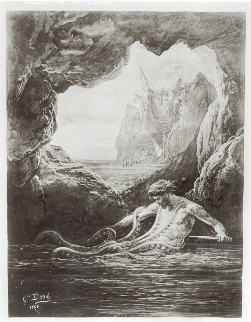Gilliatt struggles with the giant octopus, illustration from 'Les ...