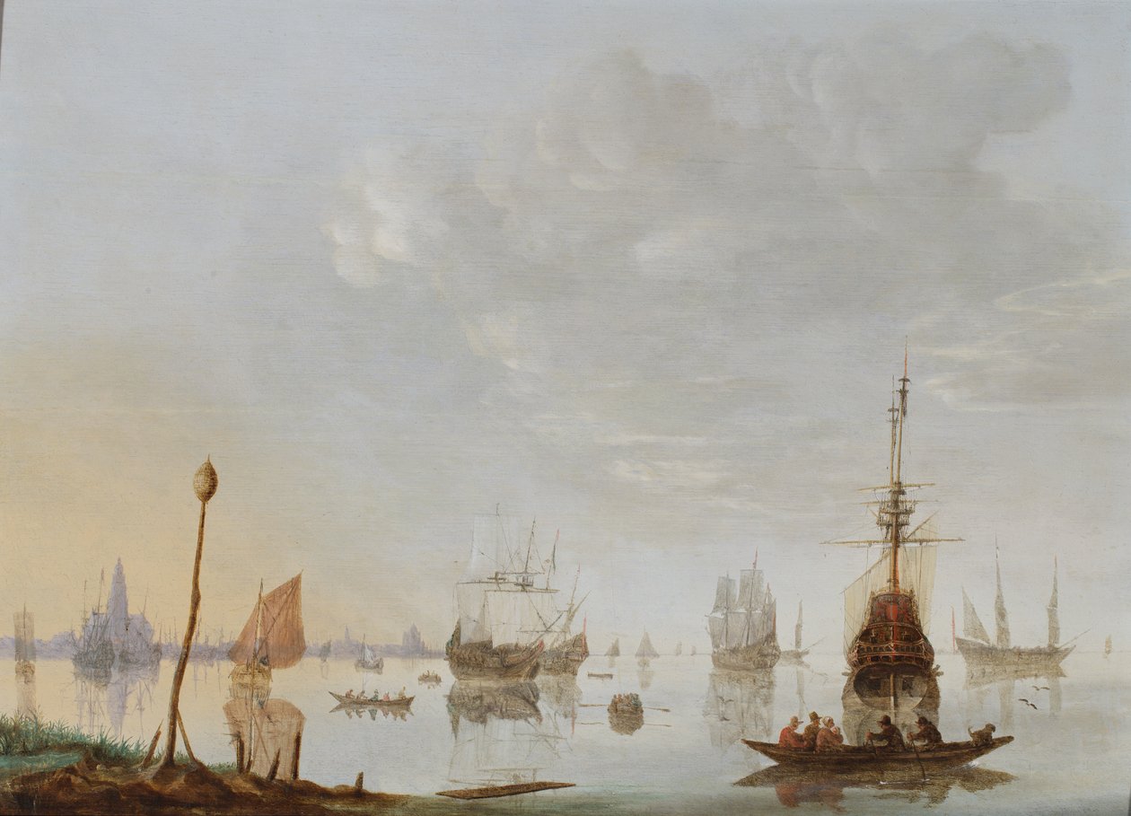 Shipping in a bay in a calm, a town in the distance