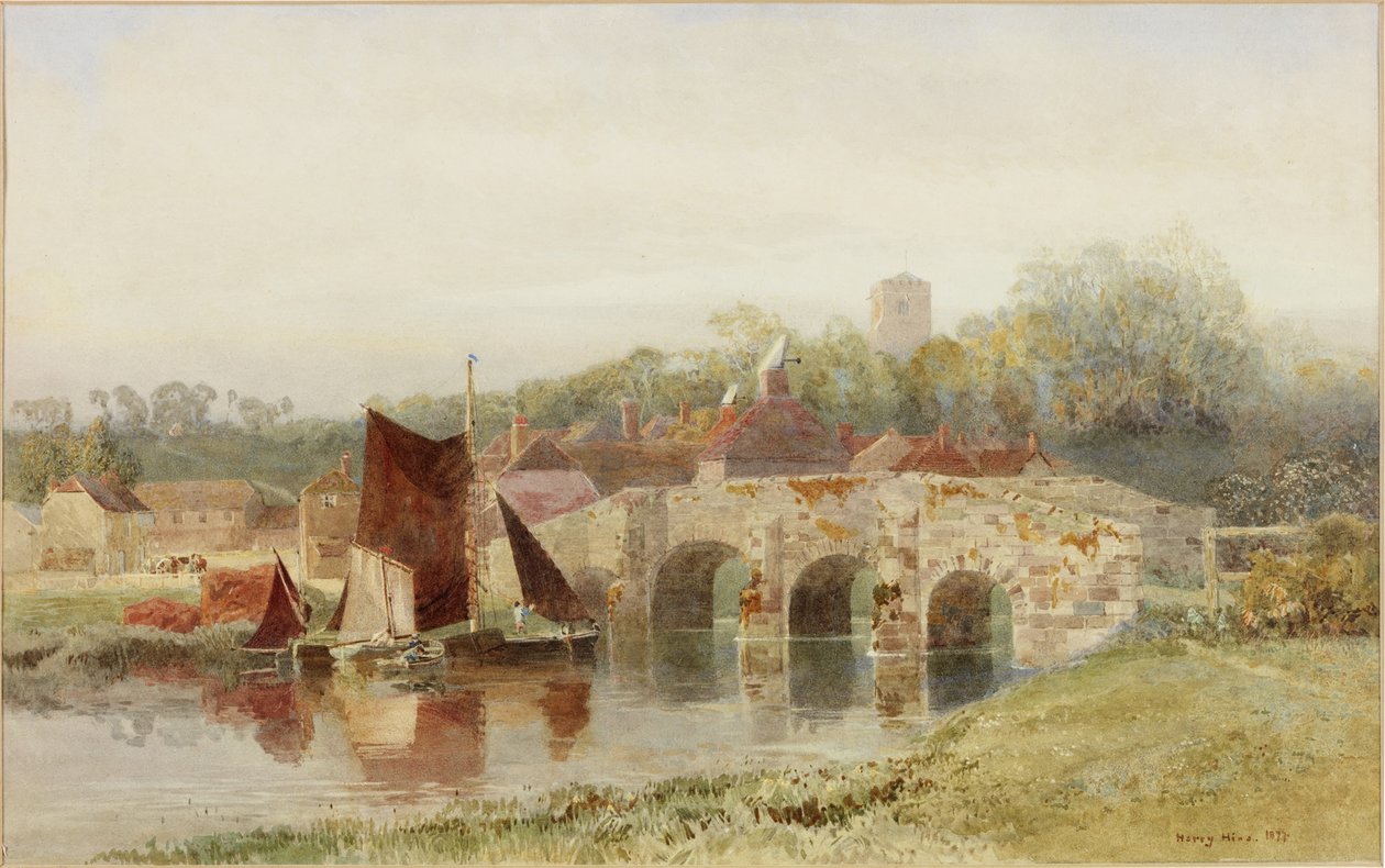 Village with Bridge by Henry George Hine: Fine art print