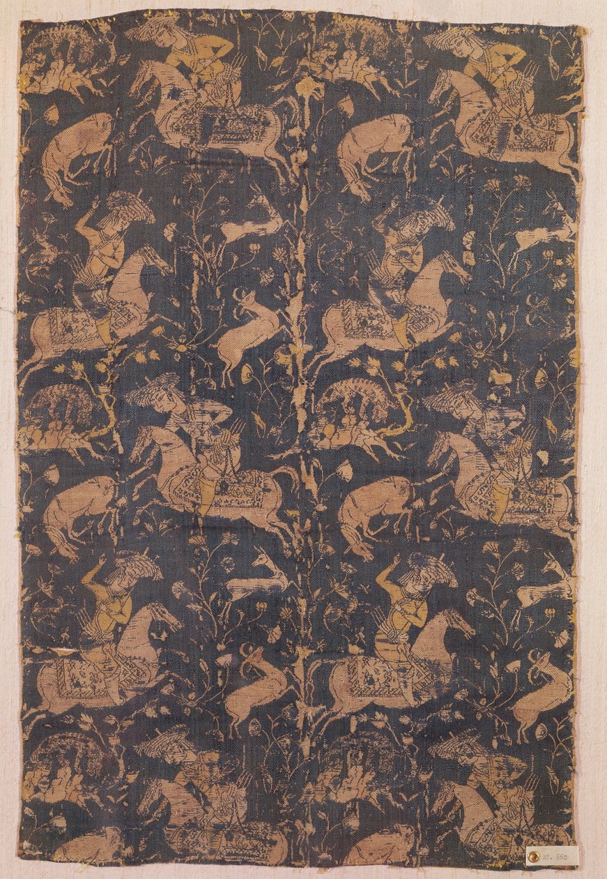 Fabric with pattern of hunters, from Iran, 15th-16th century