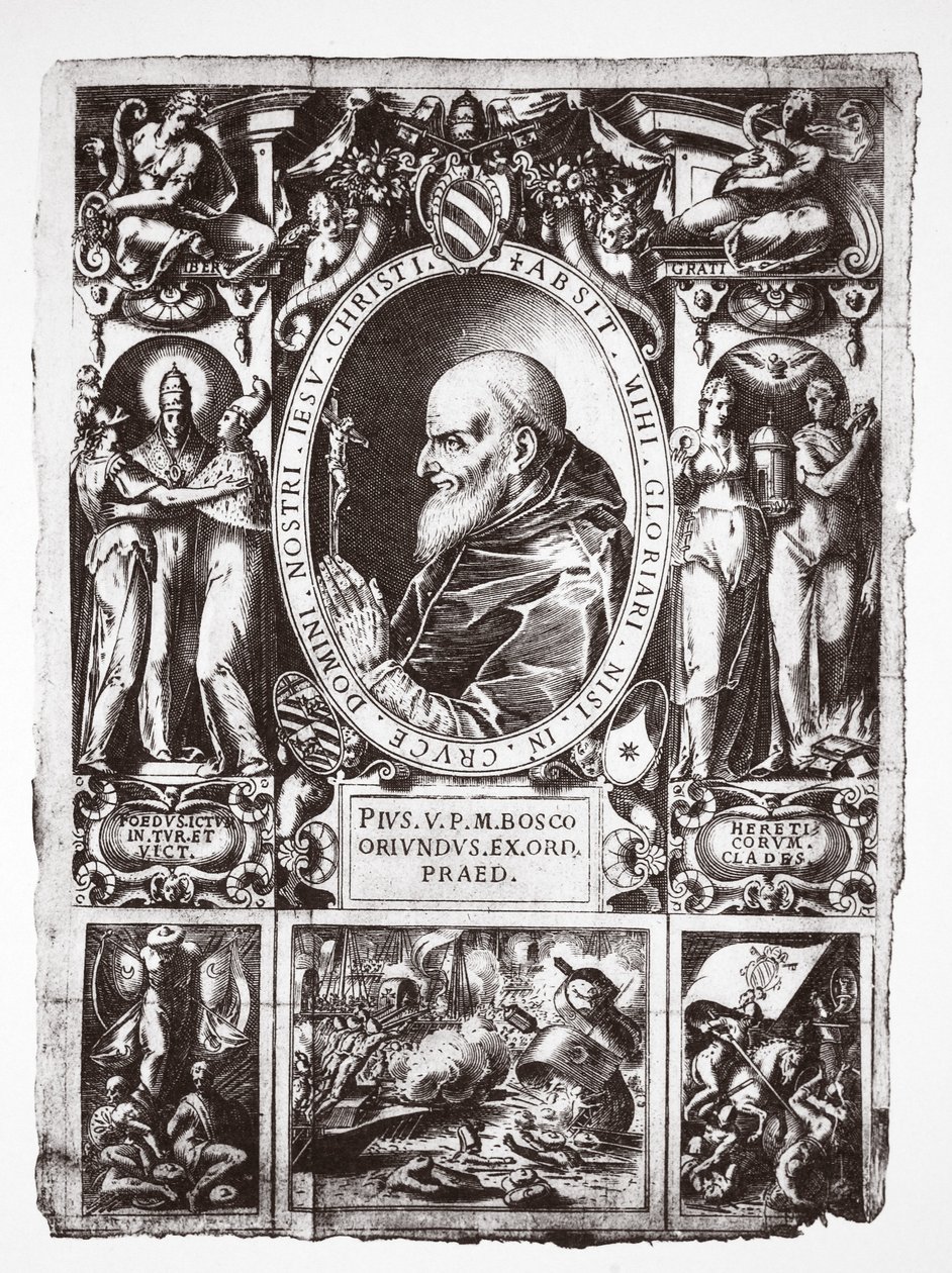 Pope Pius V, with vignettes of the Battle of Lepanto, from Vita del ...