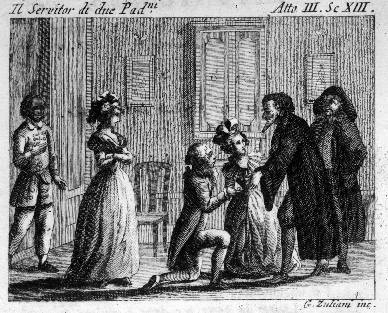 Scene 13 of Act III of the comic piece 'Arlecchino servitore di due ...
