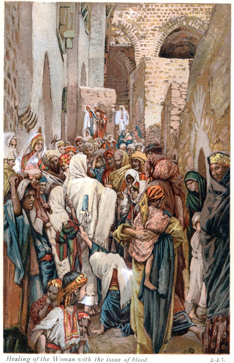 Woman with issue of blood touching the border of Jesus' garment and ...