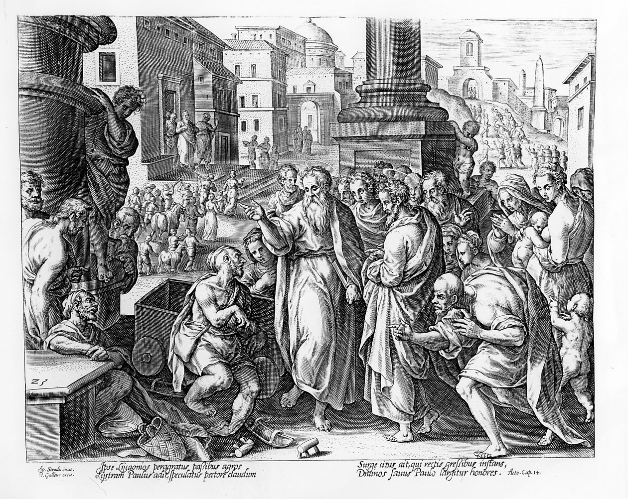 Saints Paul and Barnabas Preaching in Lystra, engraved by P. Galleus