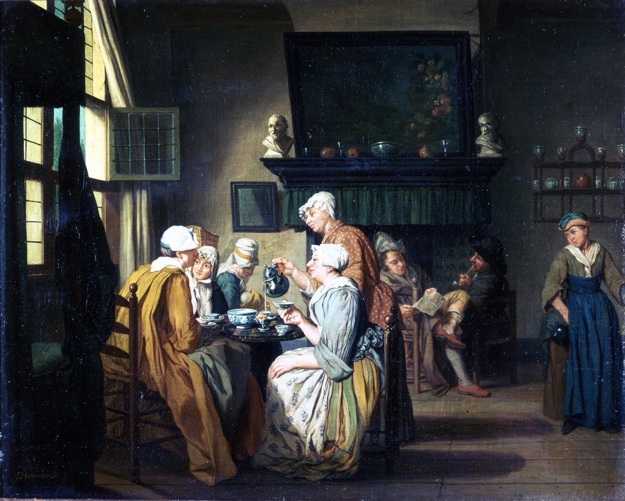 Bourgeois Interior with Ladies Drinking Tea, a Man Reading by the Fireplace