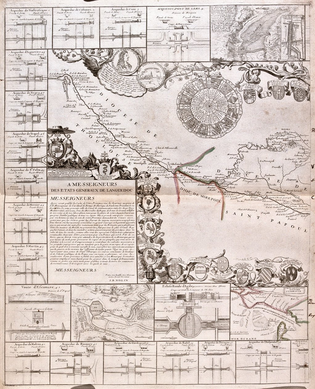 Map of the Canal du Midi, with its aqueducts