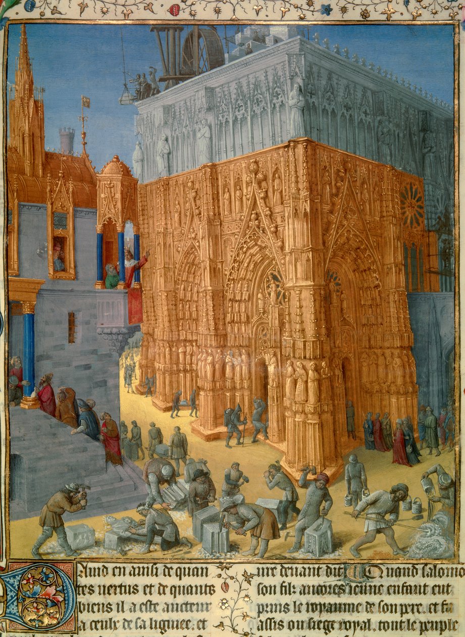 King Solomon's construction of the Jerusalem Temple. The king attends the construction from the ...