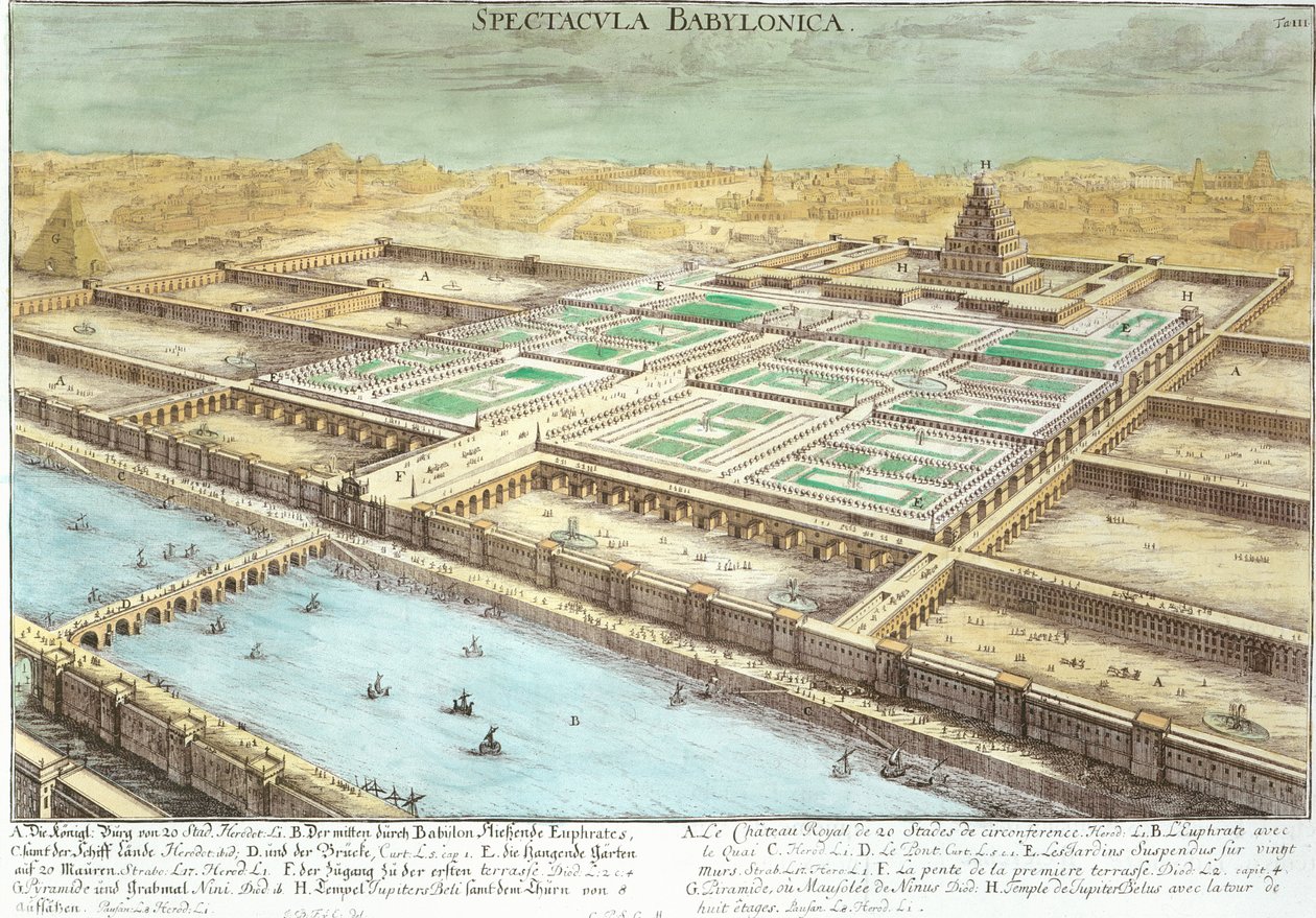 View of Ancient Babylon showing the Hanging Gardens and the Temple of ...
