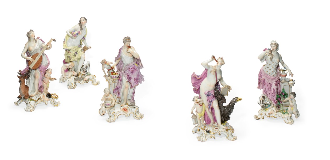 Five Meissen figures emblematic of the senses, c.1765