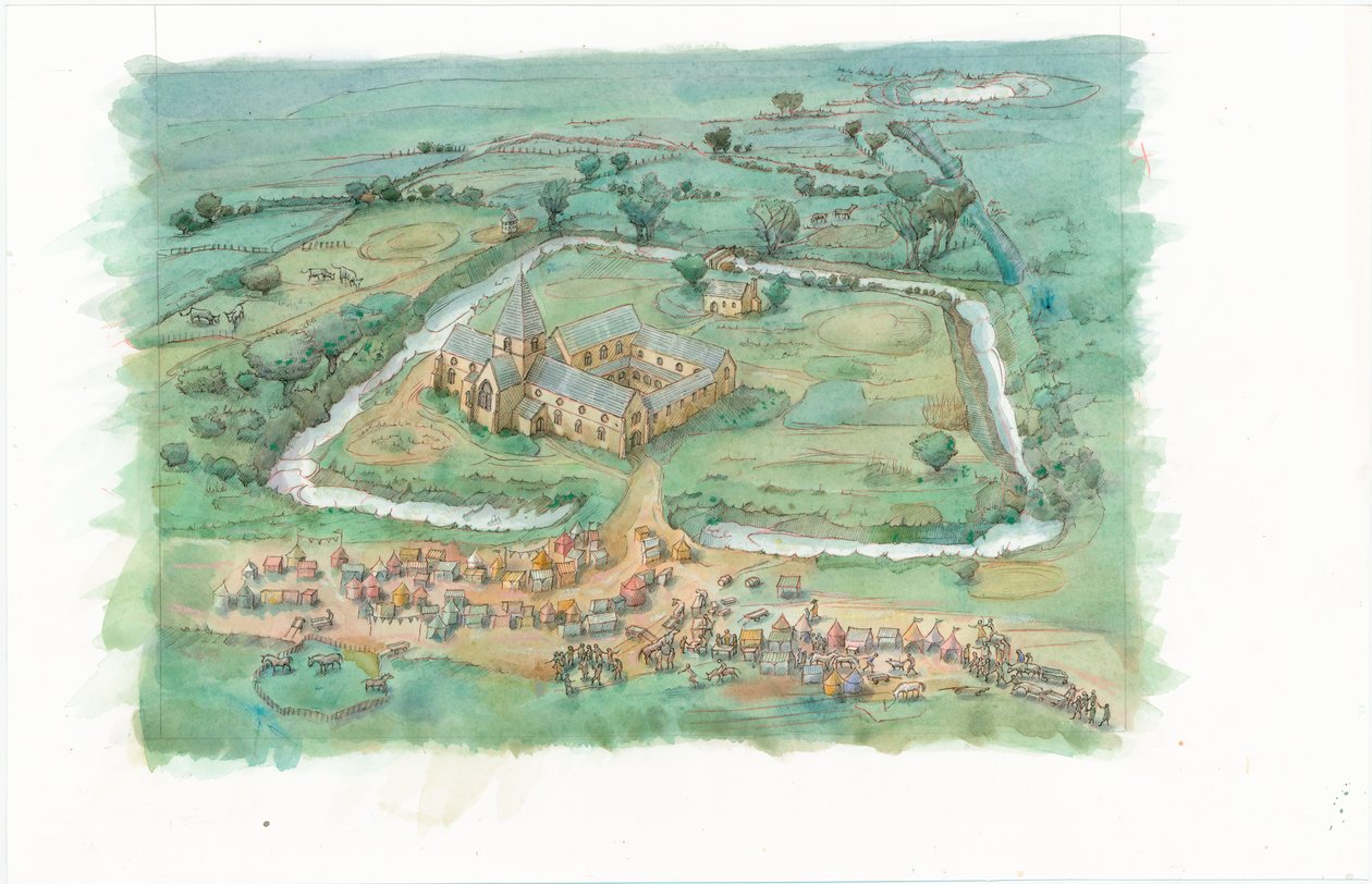 A Reconstruction Painting Showing an Oblique View of Latton Priory as ...