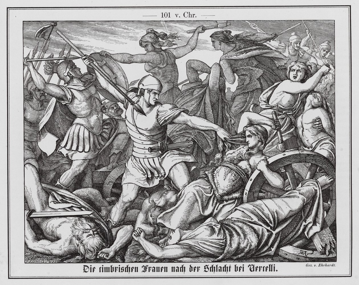 Cimbrian women fighting Roman soldiers at the Battle of Vercellae