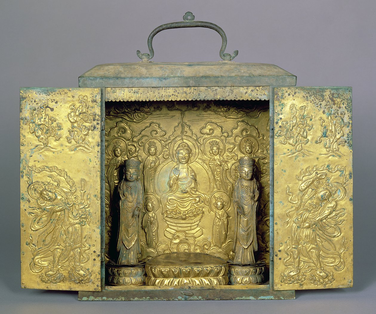 Portable Buddhist Shrine with Two Standing Bodhisattvas, a Buddhist ...