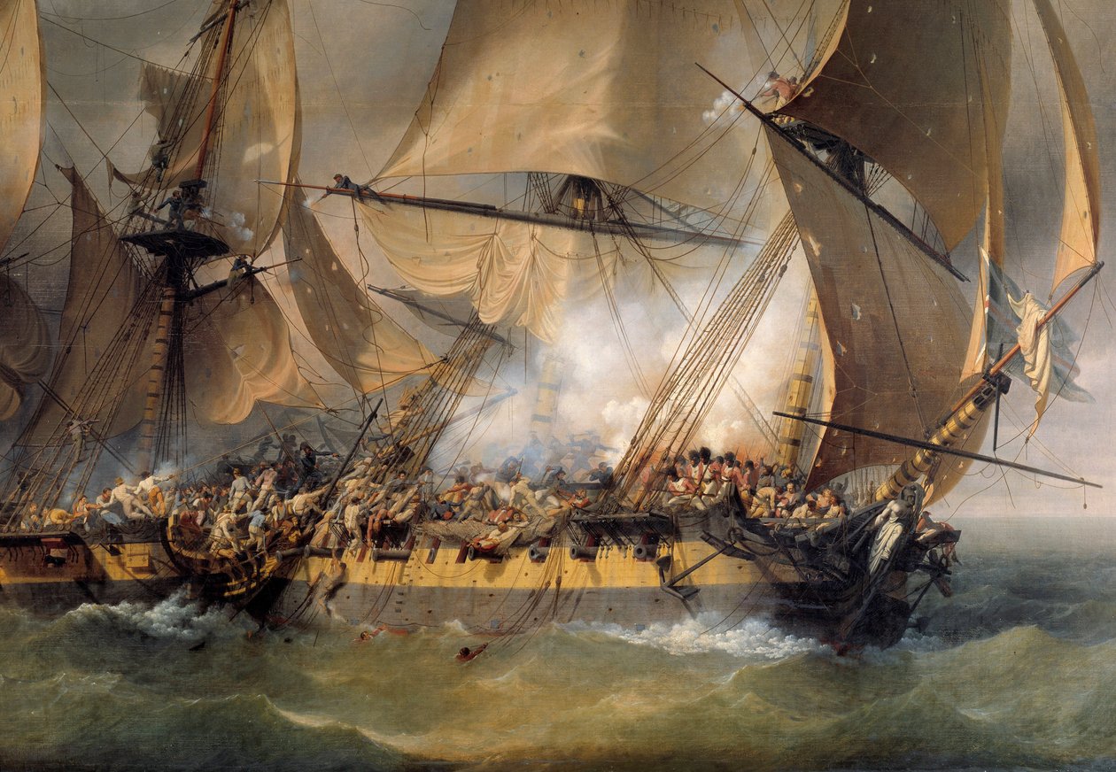 Battle between the French frigate La Bayonnaise and the English frigate ...