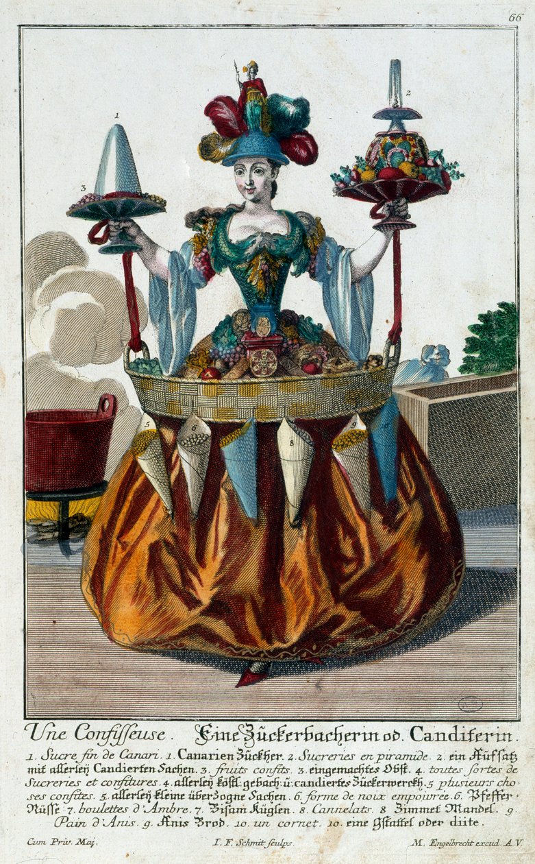 The confectioner: a young woman holding a tray of candy and ...