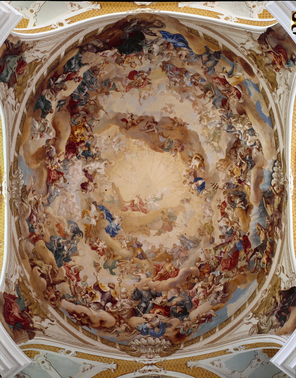 View of the frescoes decorating the dome of the Benedictine Abbey of ...