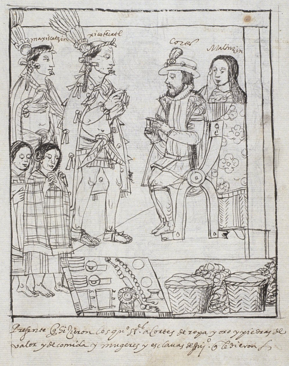 Montezuma meets Cortez, from Historia de Tlaxcala by Diego Munoz Camargo
