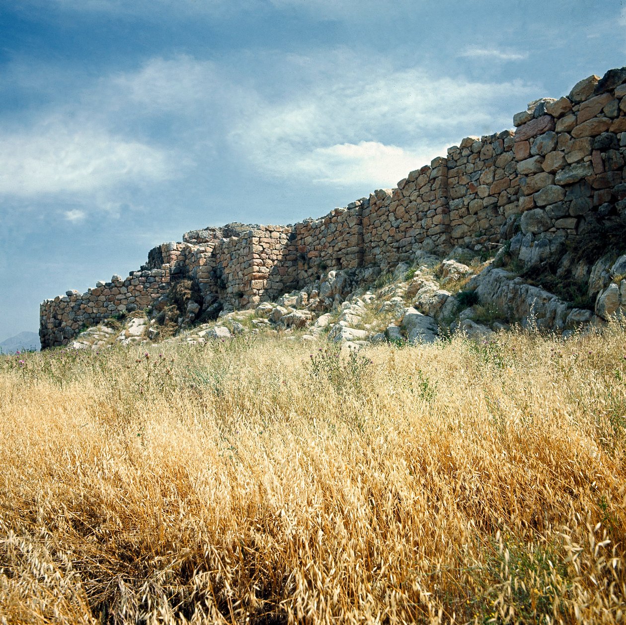 Mycenaean art: view of the ruins of the wall of the Tiryns city built ...