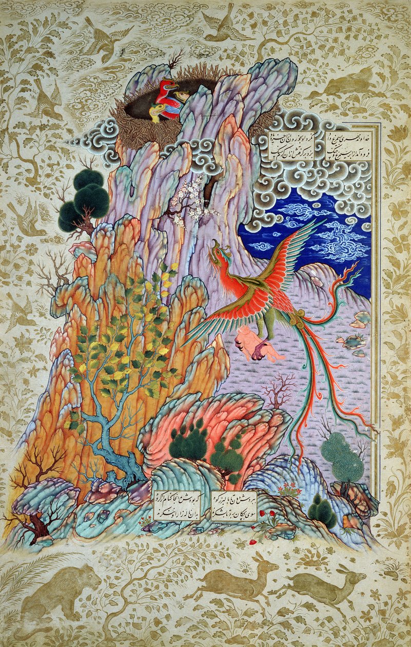 Zal being rescued by the mythical Simurgh, from a copy of the Shahnama