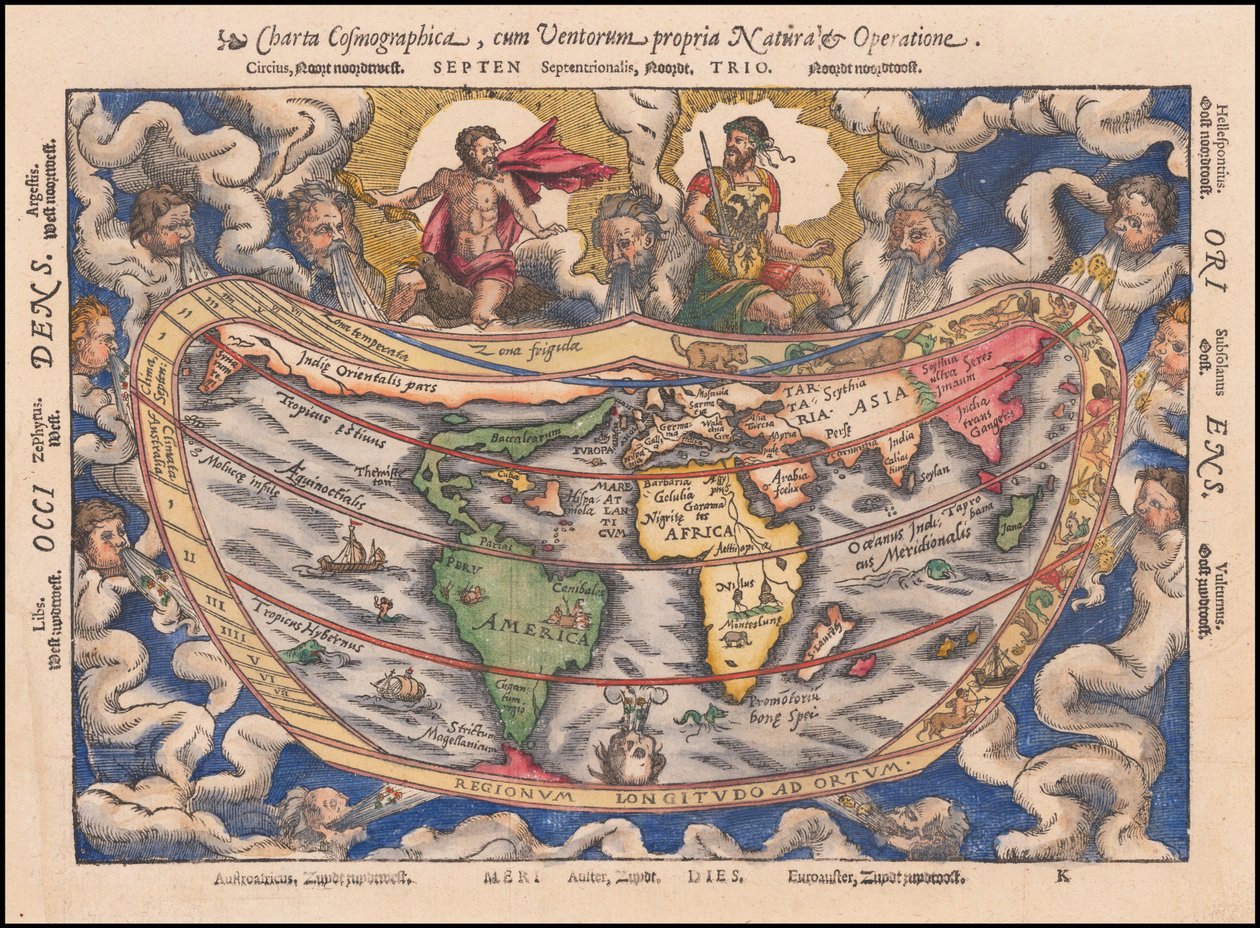 1544 Map - Charta Cosmographica, With the Nature and Operation of Winds