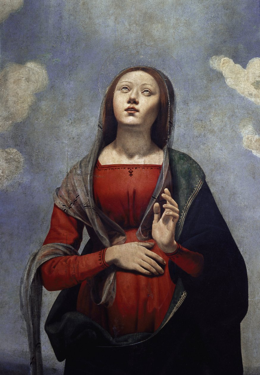 The Virgin Mary with the dove of the Holy Spirit above her, surrounded ...