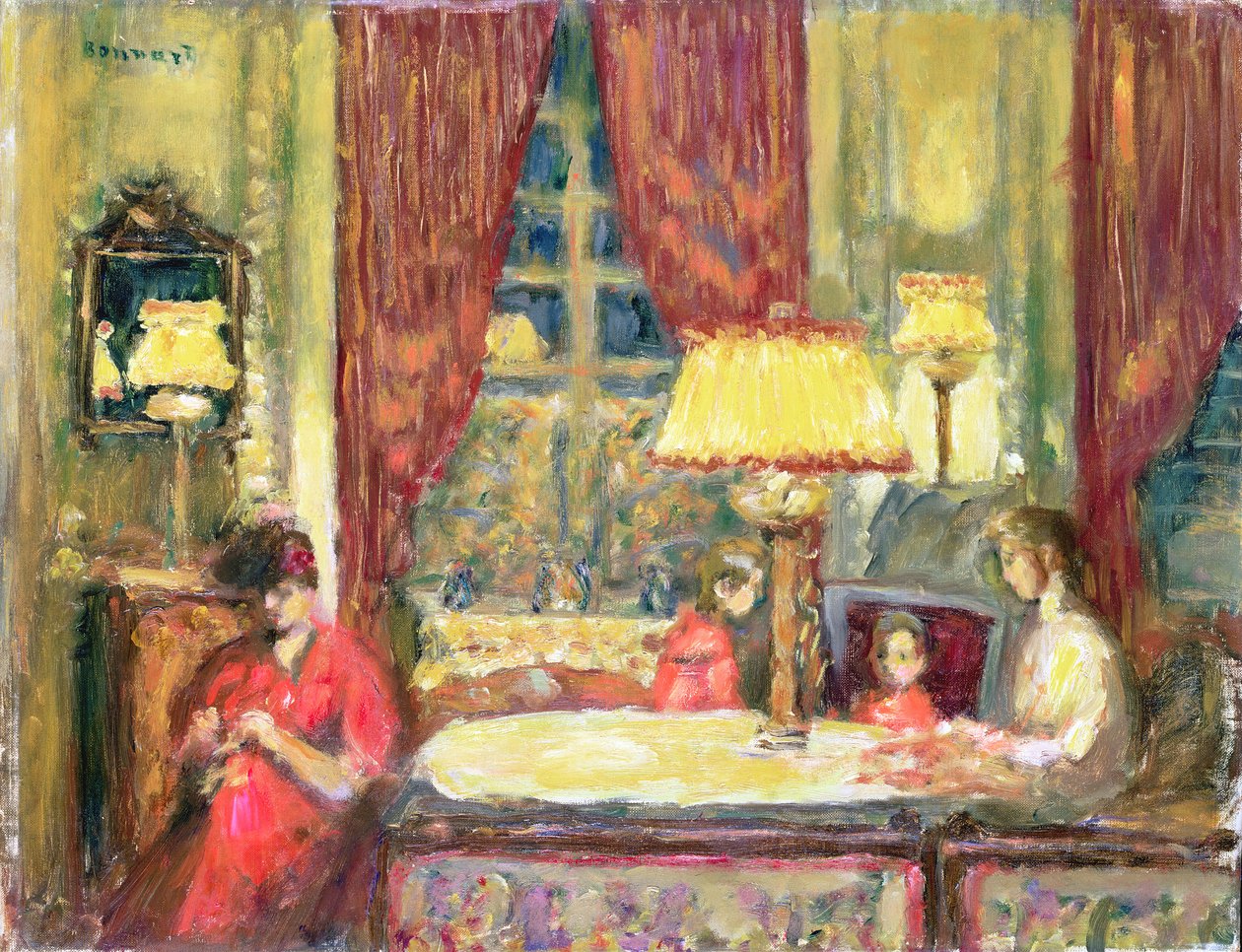 Lamp-Lit Interior with Figures by Pierre Bonnard
