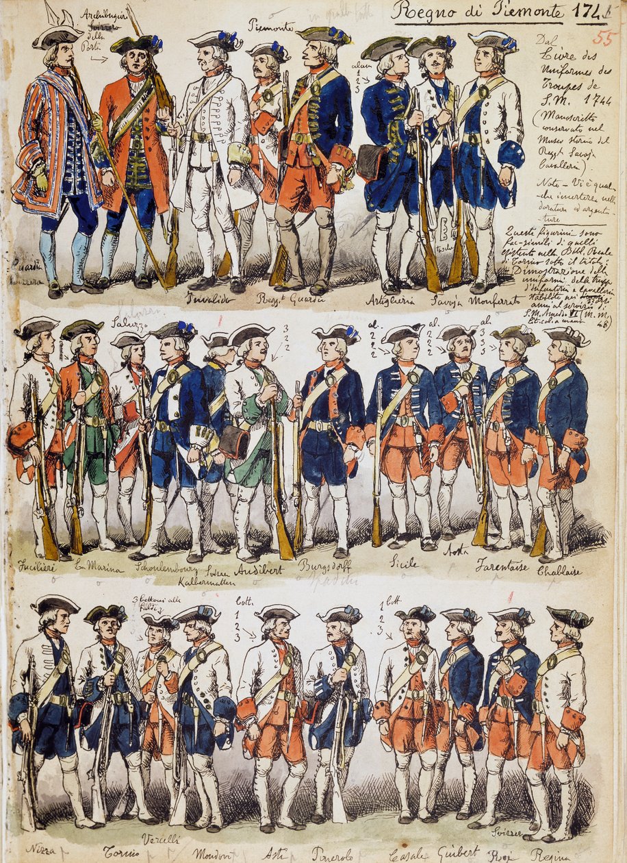 Uniforms of troops of Kingdom of Piedmont in 1744, plate taken from ...