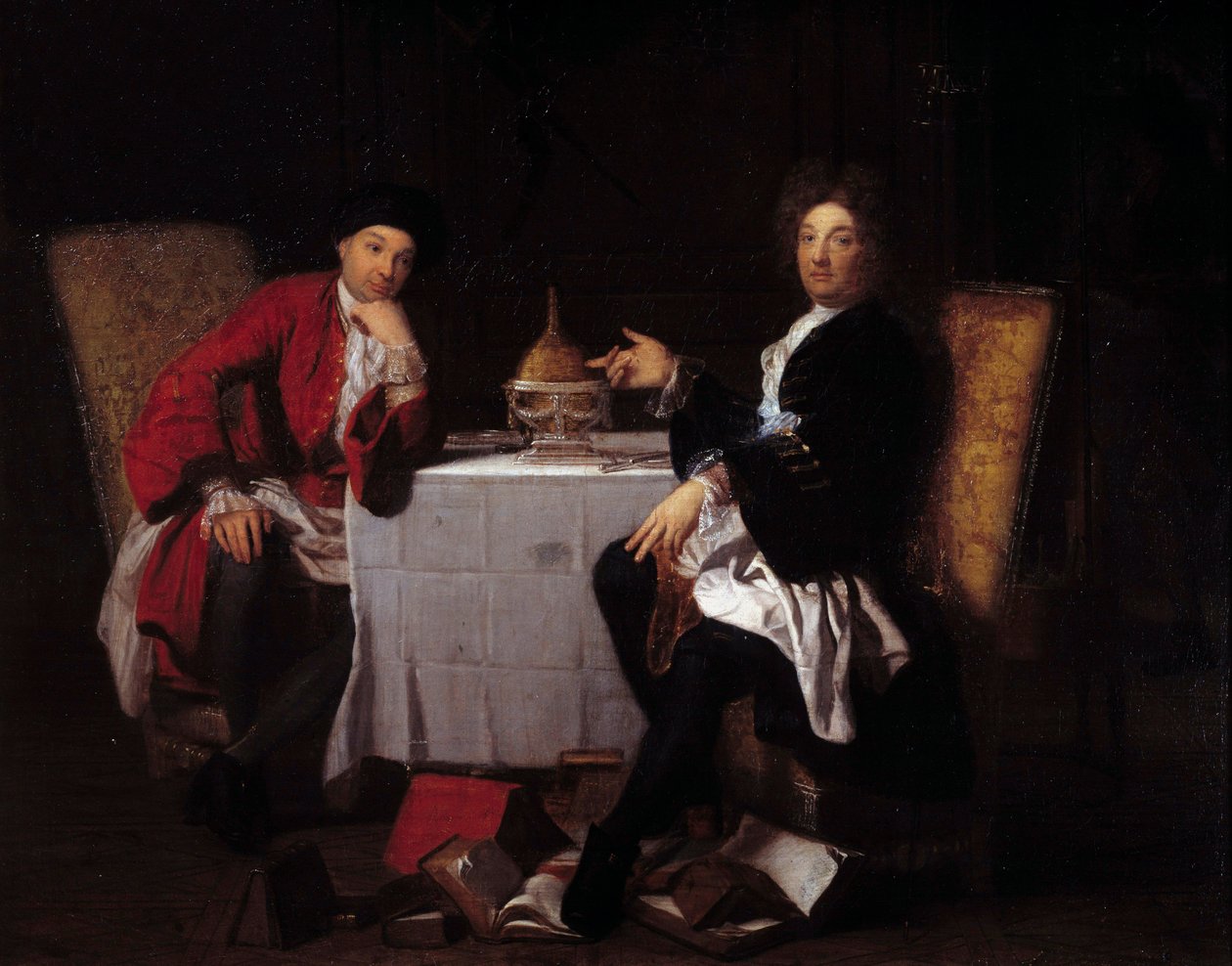 Two epicureans. Two philosophers talking at a table