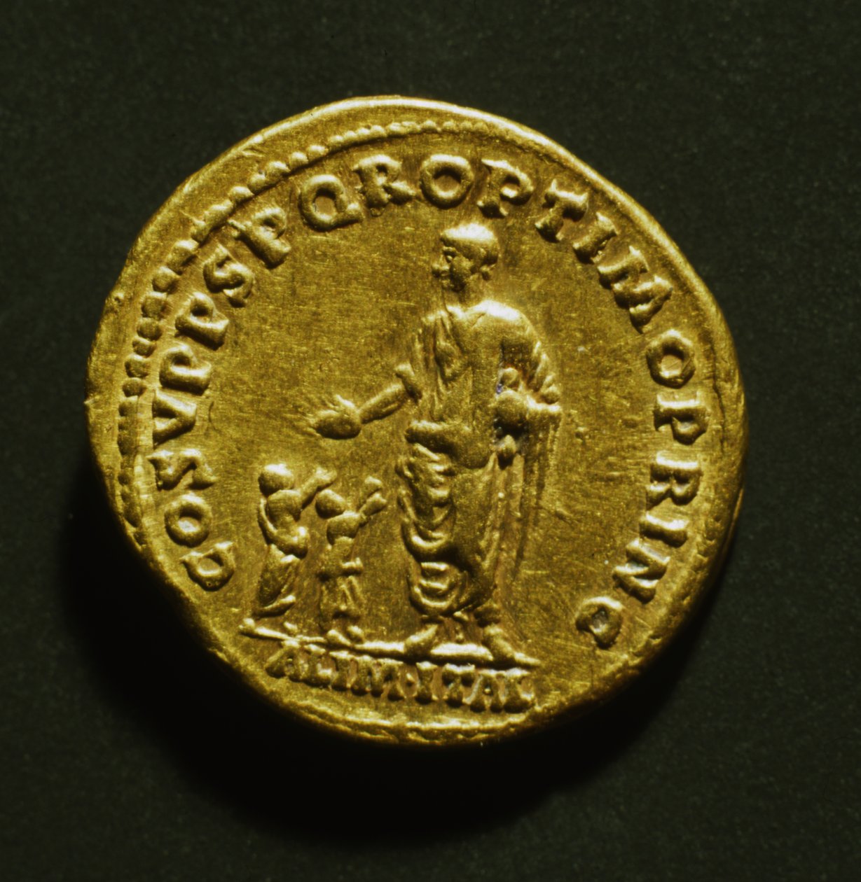 Aureus commemorating Trajan's distribution of food to poor children, 107 AD