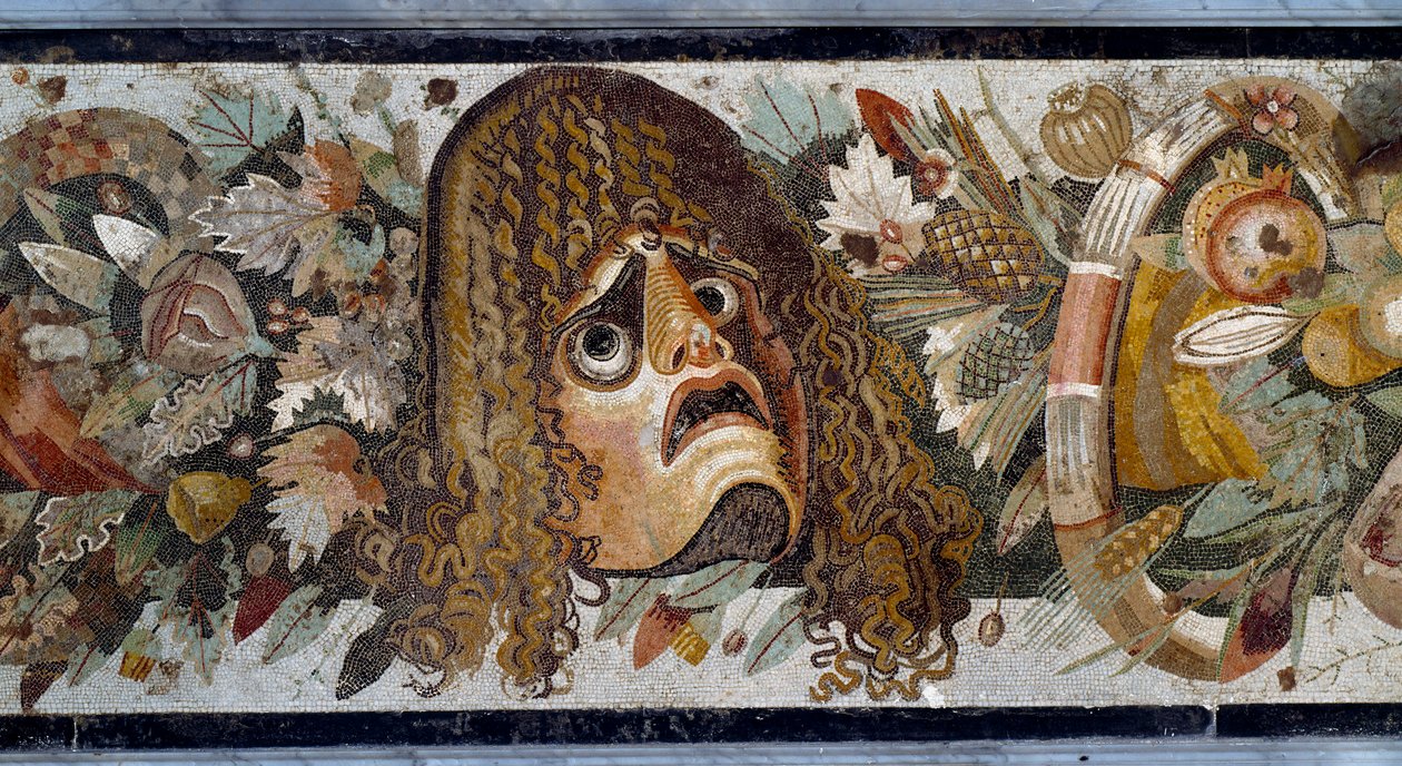 Festoon with mask, leaves and fruit (detail). Mosaic from Casa del ...
