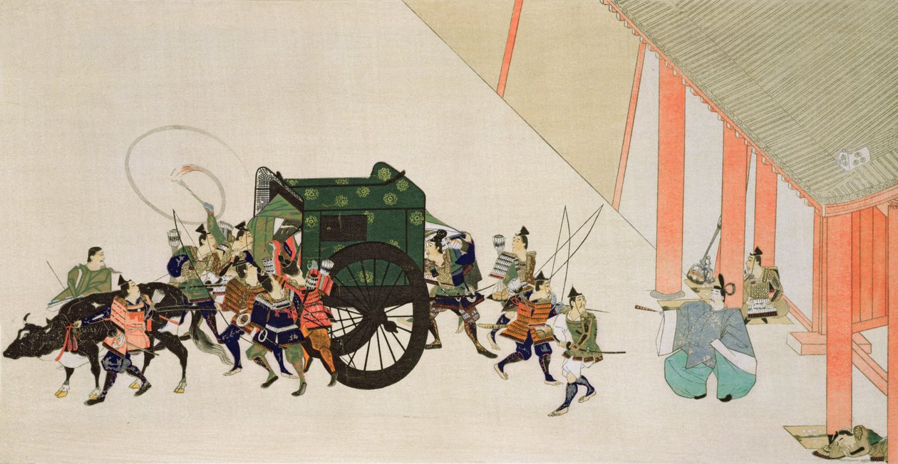 An Emperor Fleeing a Palace Disguised as a Woman in Carriage, scene ...