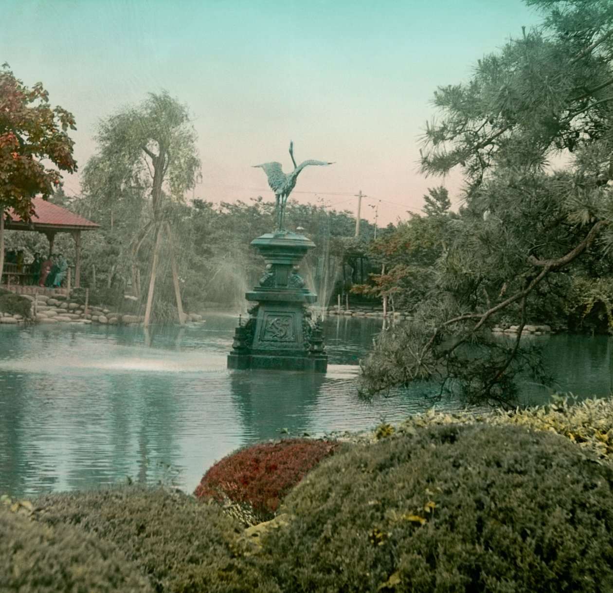View of the Crane Fountain in Hibiya Park, Tokyo, circa 1900 - 1915