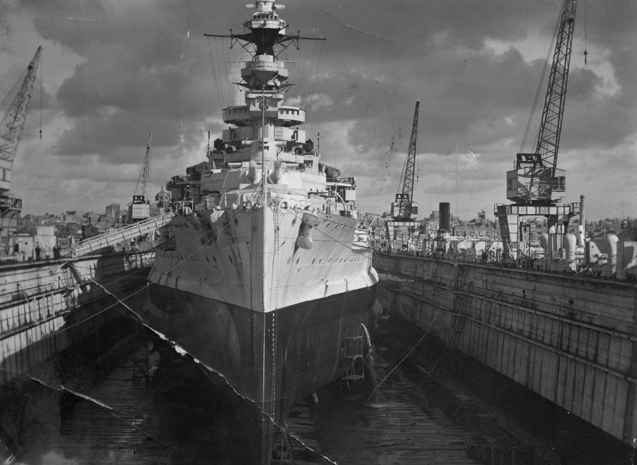 British Battleship HMS Malaya in a Floating Dock, Malta, c1937