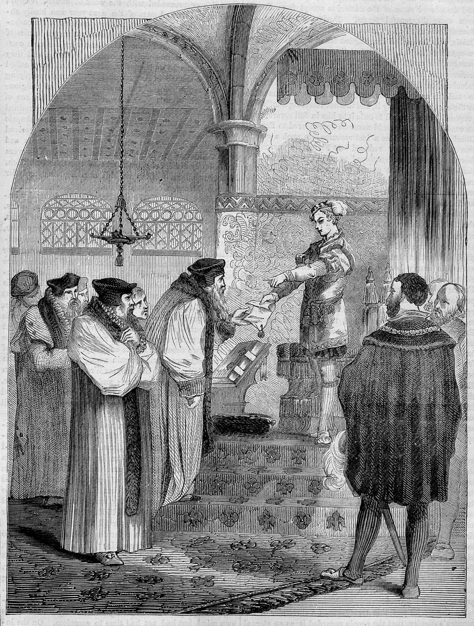 Edward VI, King of England, presenting the certificate of Joan Bocher ...