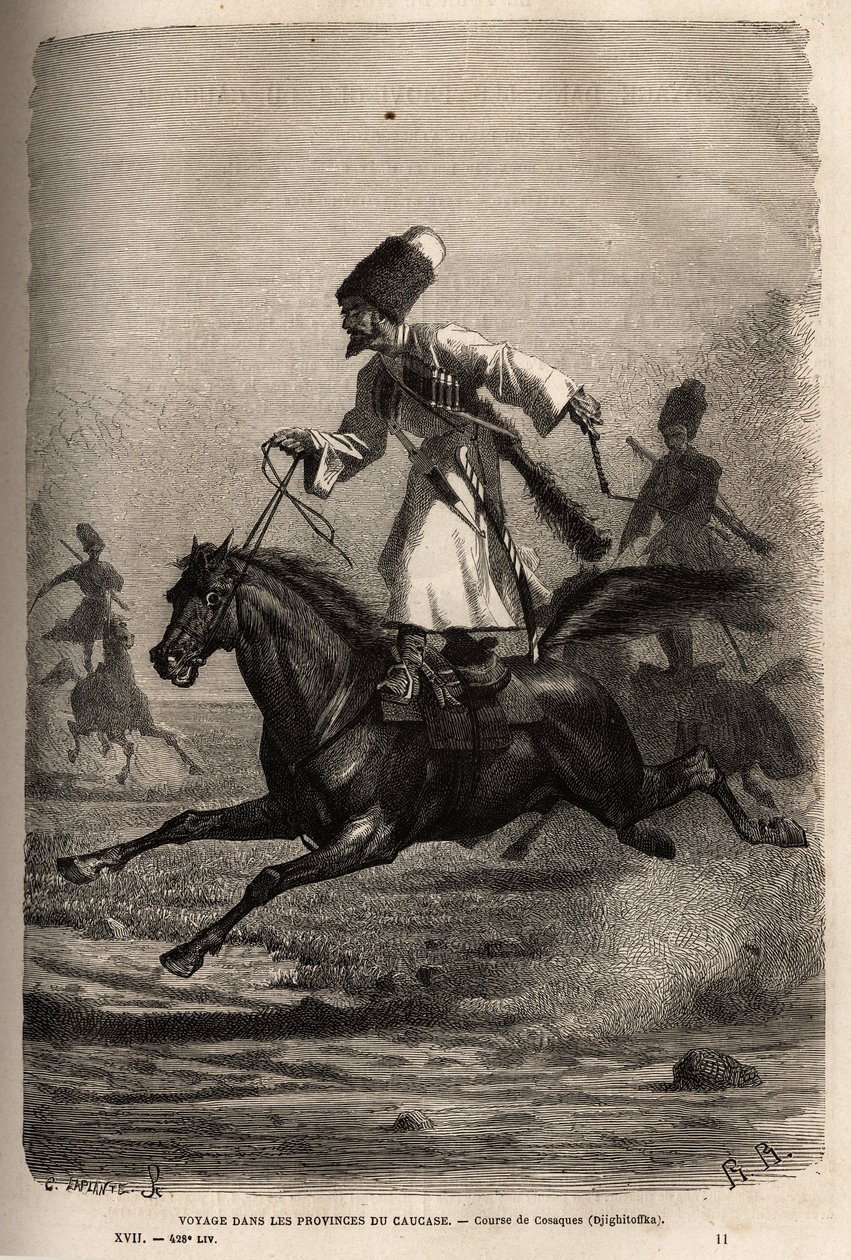 Race of Cossacks, climbs in balance standing on their saddle, riders ...