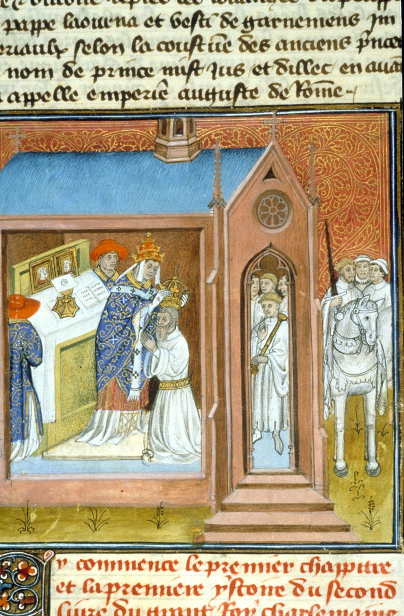 Coronation of Charlemagne in 800 by Pope Leo III. - Illumination of ...