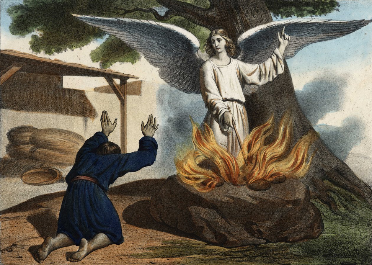 The angel appearing to Gideon to liberate the people of Israel from the ...