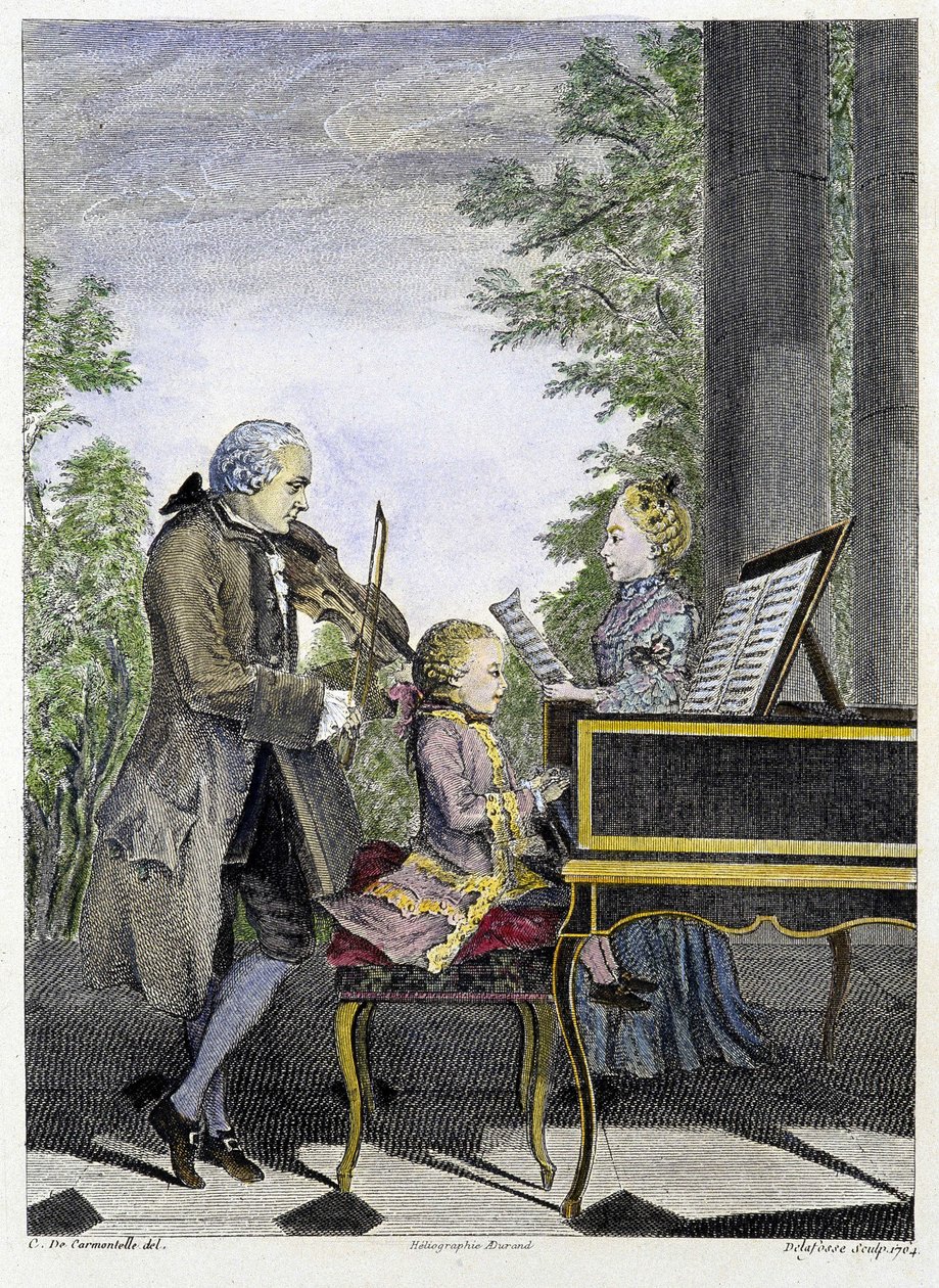 Wolfgang Amadeus Mozart child on piano surrounded by his father Leopold ...
