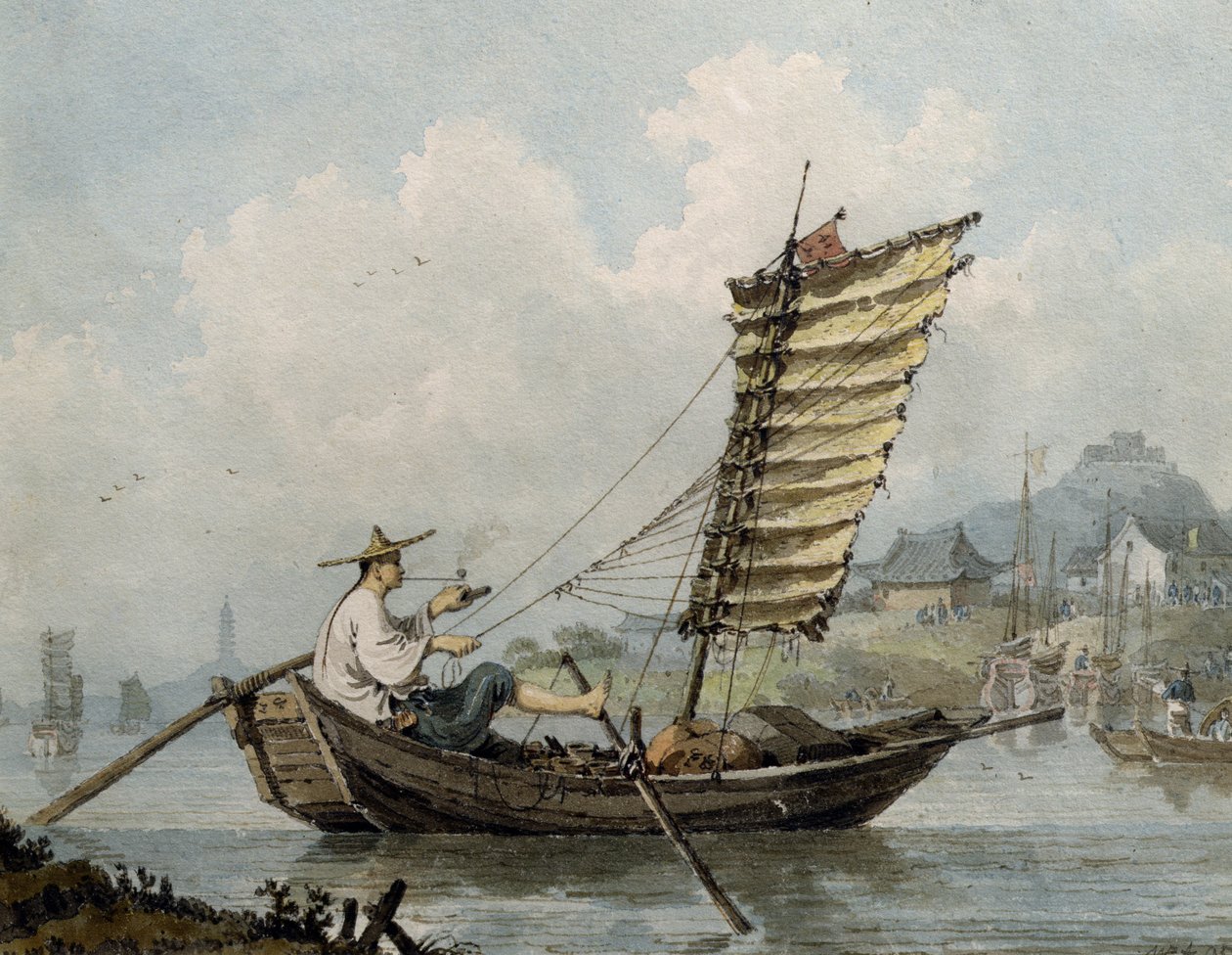 Chinese Sailor Smoking in his Junk, 1795