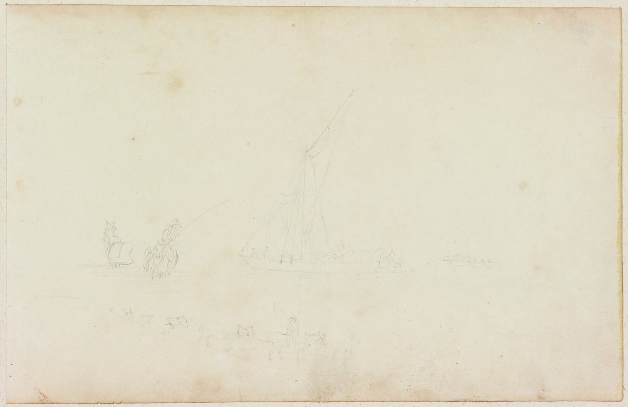 Sketch of Ship Rowing Boat and Rider with Line of Horses