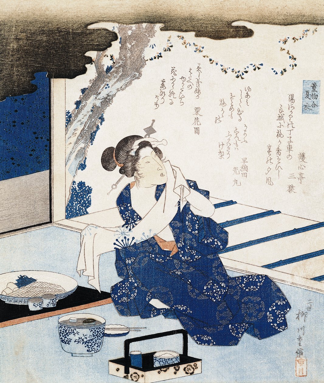 Courtesan wearing yukata, wall panel decorated with poem