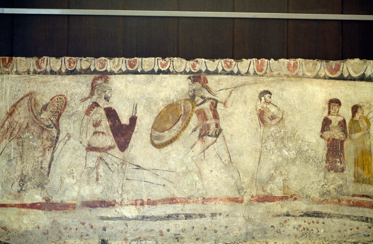 Battle scene between two warriors, fresco from Necropolis in Andriuolo ...